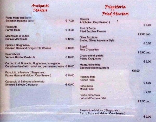 Carta de pizzería La Baita 1980, Roma, Via Lucania
