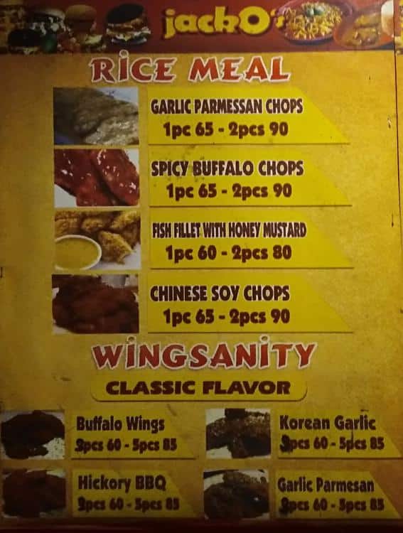 Menu at Jacko's Burger restaurant, Manila, 1175 Padre Noval St