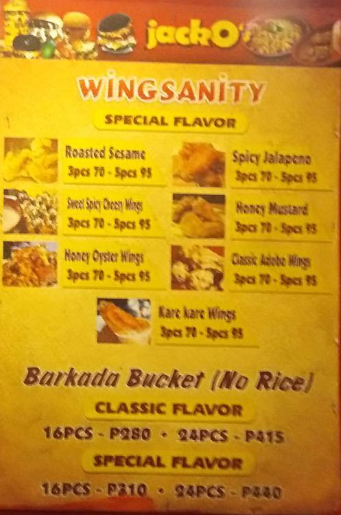 Menu at Jacko's Burger restaurant, Manila, 1175 Padre Noval St