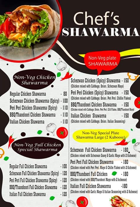 Menu of Chef's Shawarma, Medavakkam, Chennai