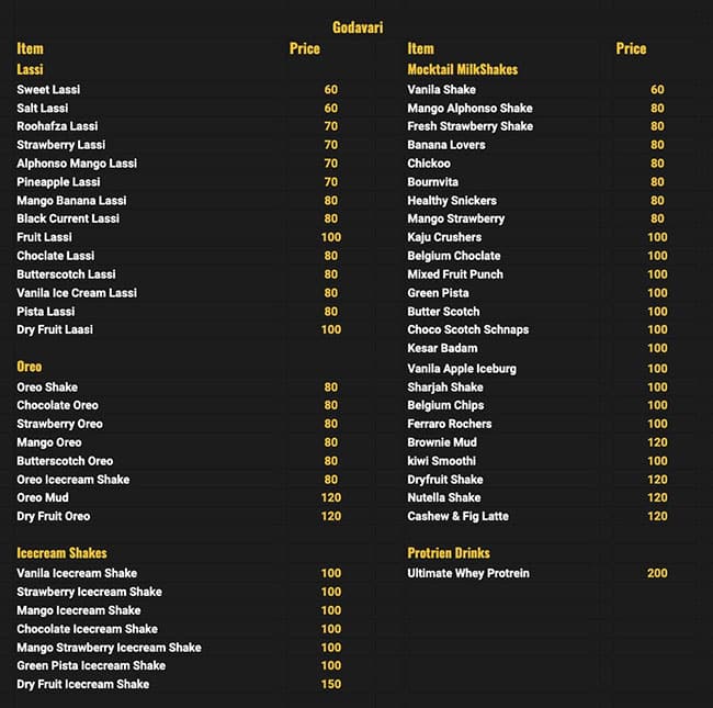 Menu of Godavari Restaurant, Kulathoor, Trivandrum