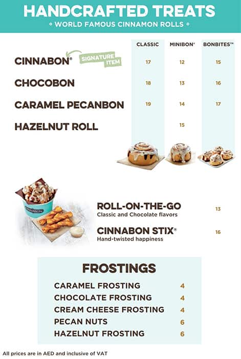 Menu of Cinnabon, Al Khalidiya, Abu Dhabi