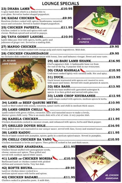 Menu at Indian Lounge restaurant, London
