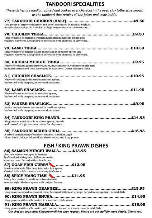 Menu at Indian Lounge restaurant, London
