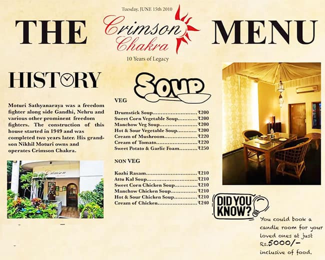 Menu of Sorgam Crimson Chakra, Adyar, Chennai