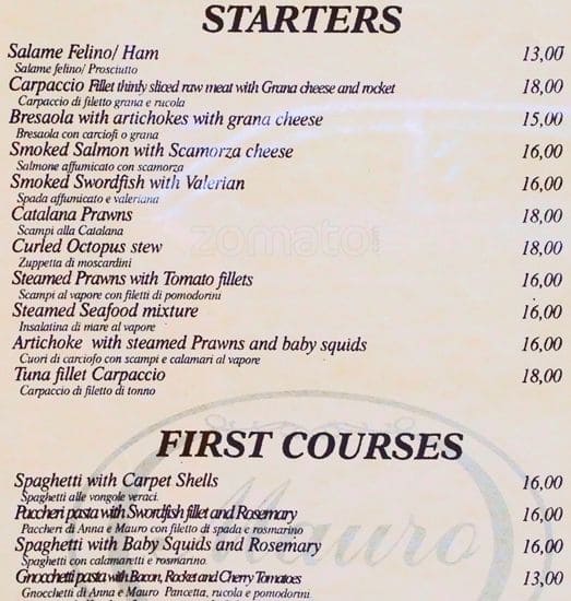 Menu da Mauro ristorante, Milano, Via Colonnetta