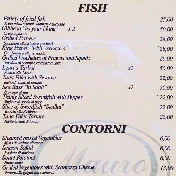 Menu da Mauro ristorante, Milano, Via Colonnetta