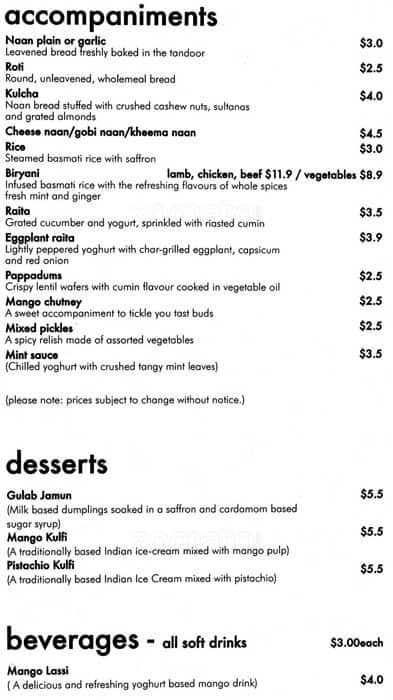 Menu at Shalimar restaurant, Melrose Park