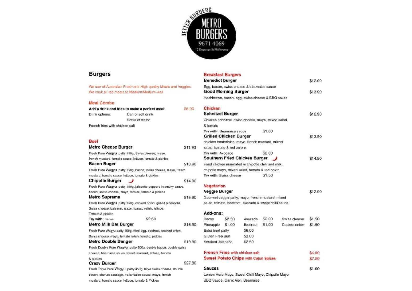 Menu at Metro Burger restaurant, Melbourne, 12 Degraves St
