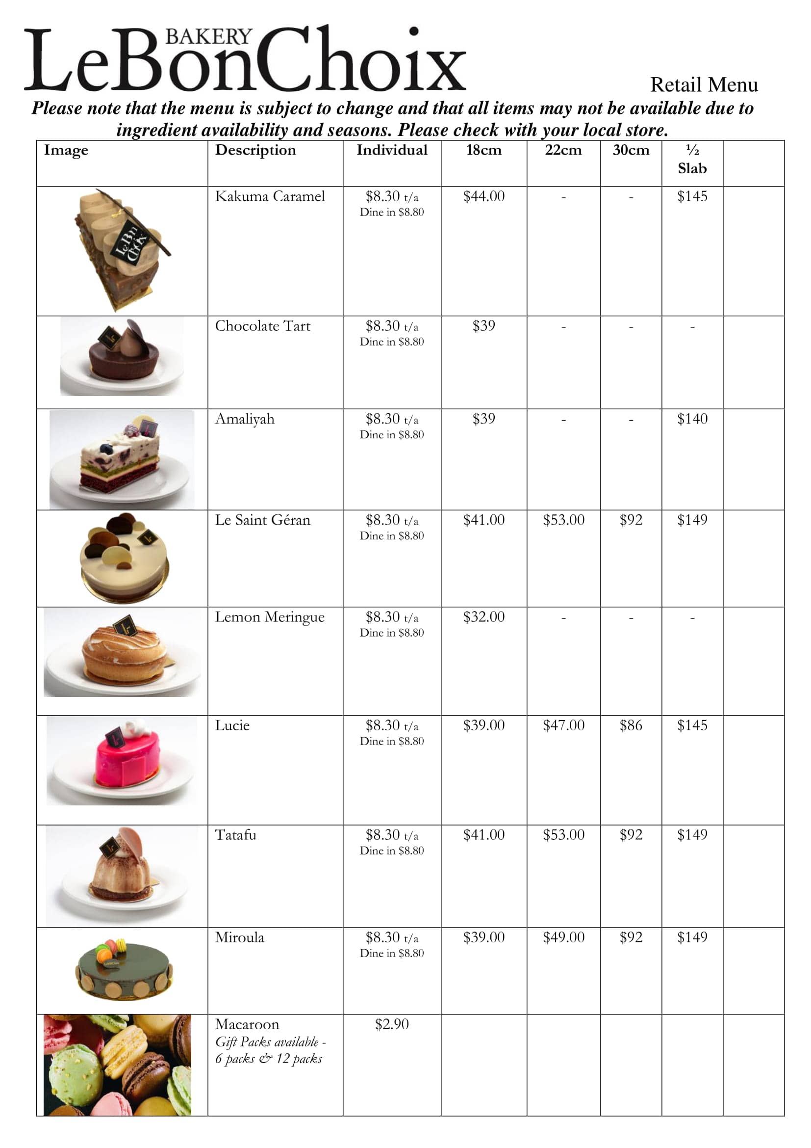 Menu at Le Bon Choix cafe, Carindale, 1151 Creek Road