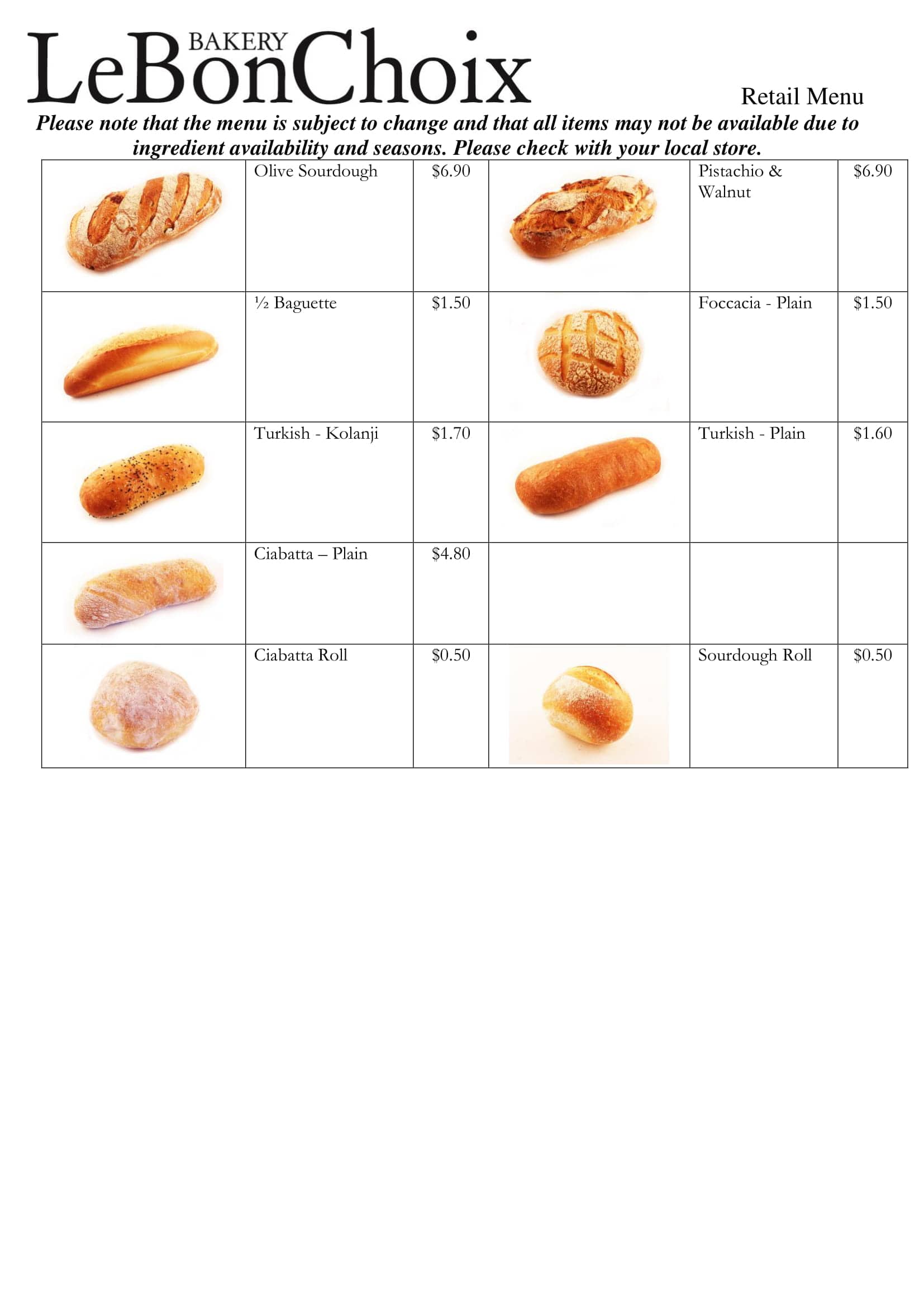 Menu at Le Bon Choix cafe, Carindale, 1151 Creek Road