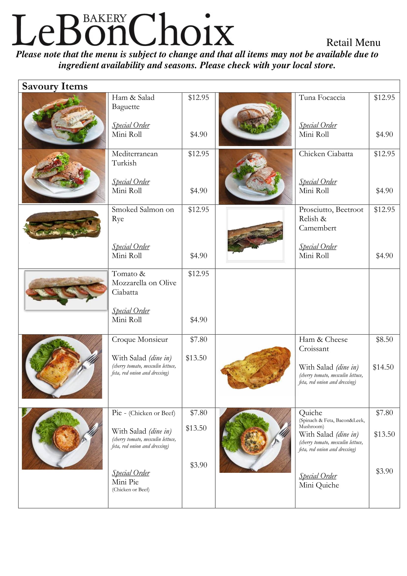 Menu at Le Bon Choix cafe, Carindale, 1151 Creek Road