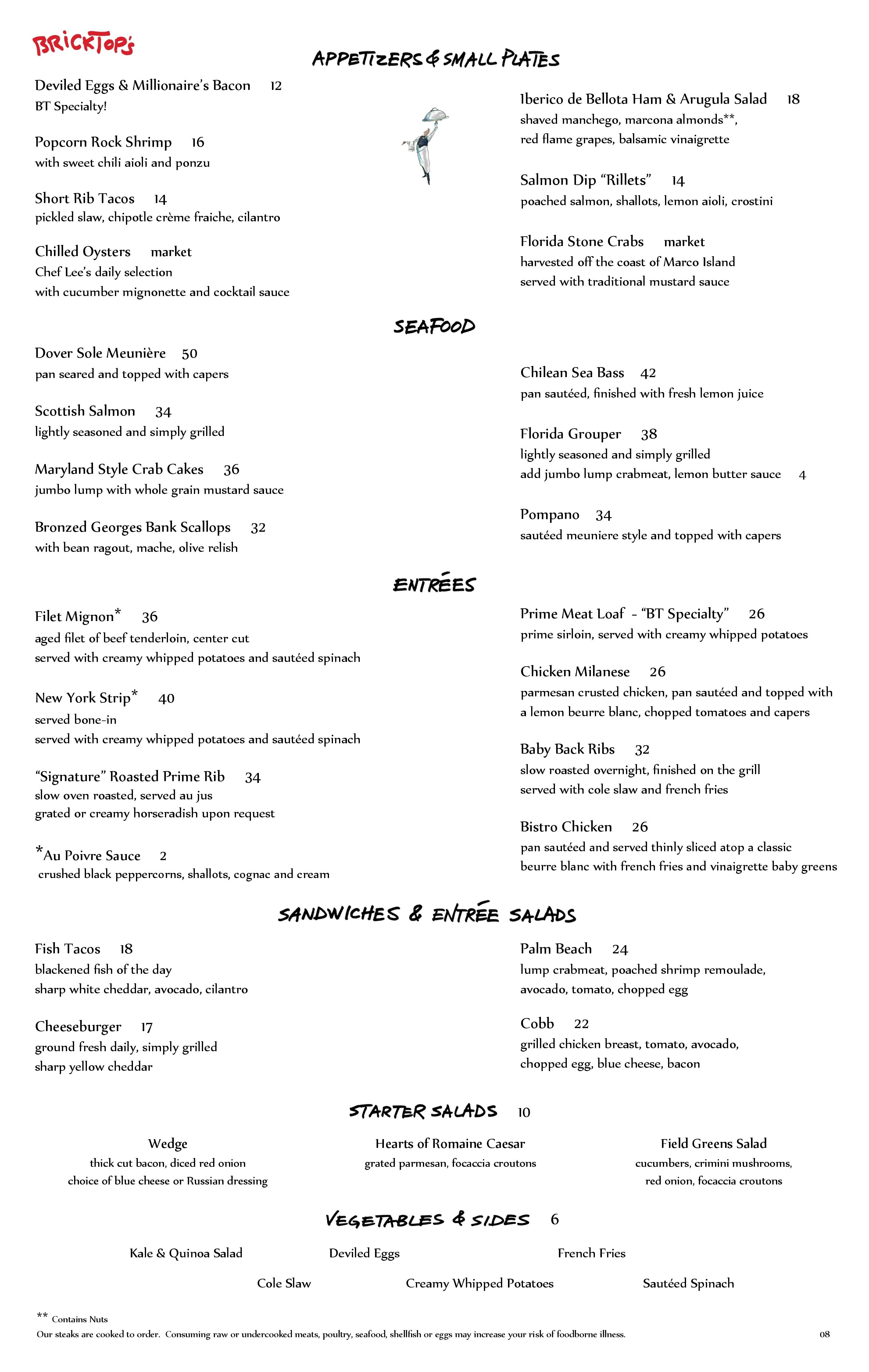 Menu at BrickTop's steakhouse, Palm Beach