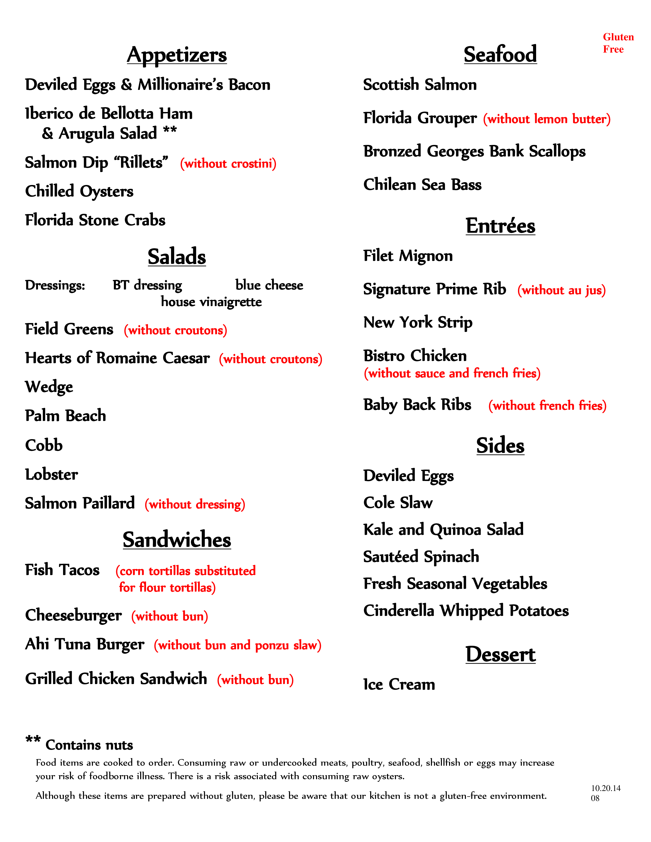 Menu at BrickTop's steakhouse, Palm Beach