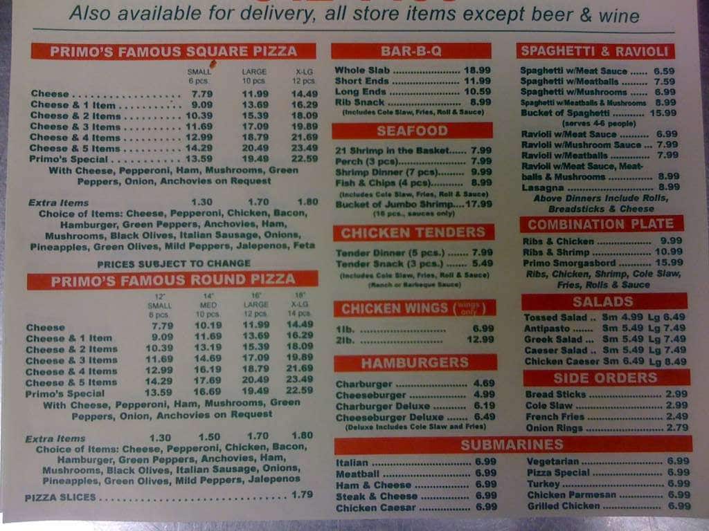 Primo's Pizza Menu, Menu untuk Primo's Pizza, Birmingham, Detroit ...