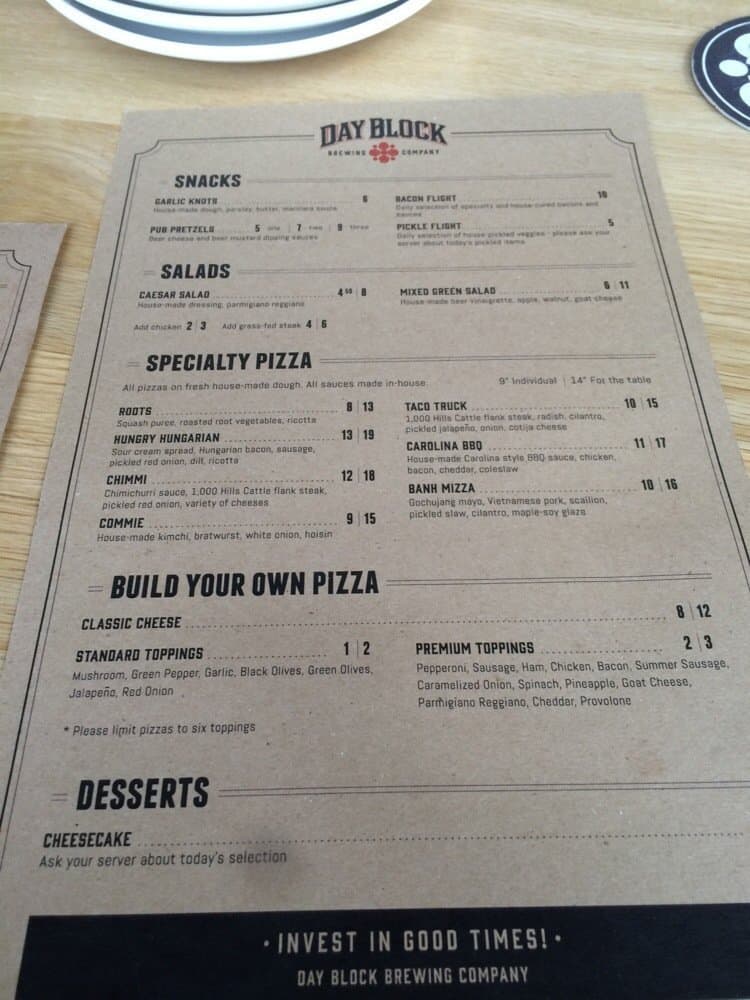 Menu at Day Block Brewing Company pub & bar, Minneapolis