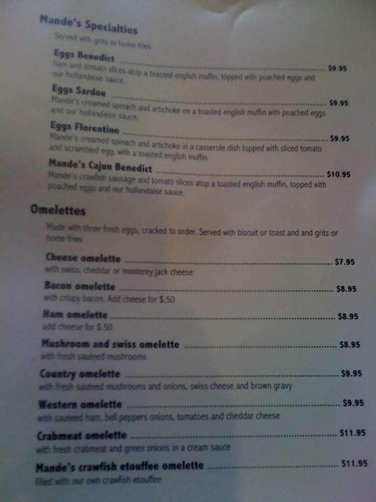 Menu at Mande's restaurant, Mandeville
