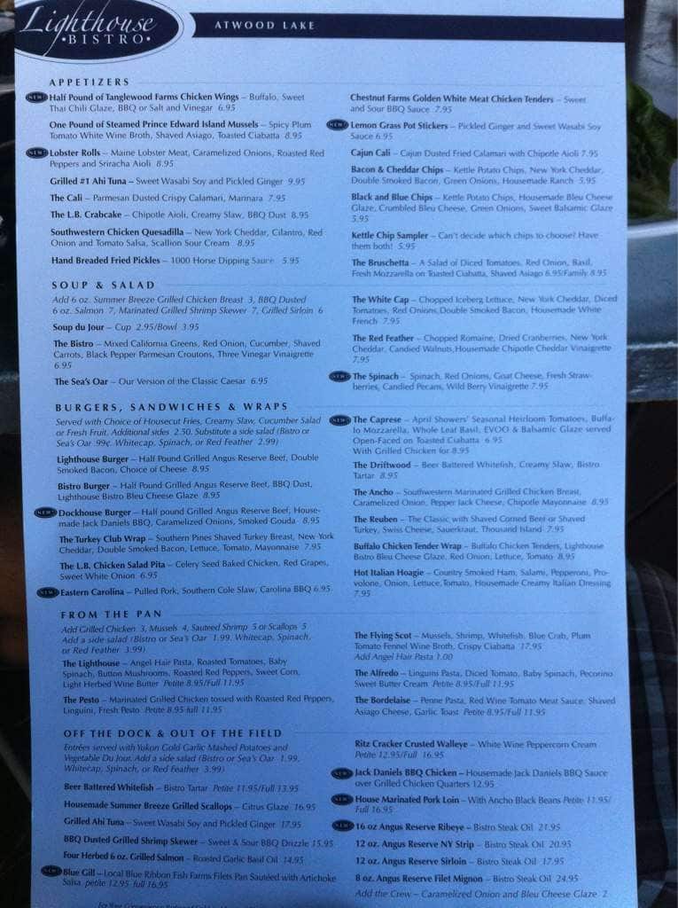 Menu at Lighthouse Bistro Atwood Lake restaurant, USA