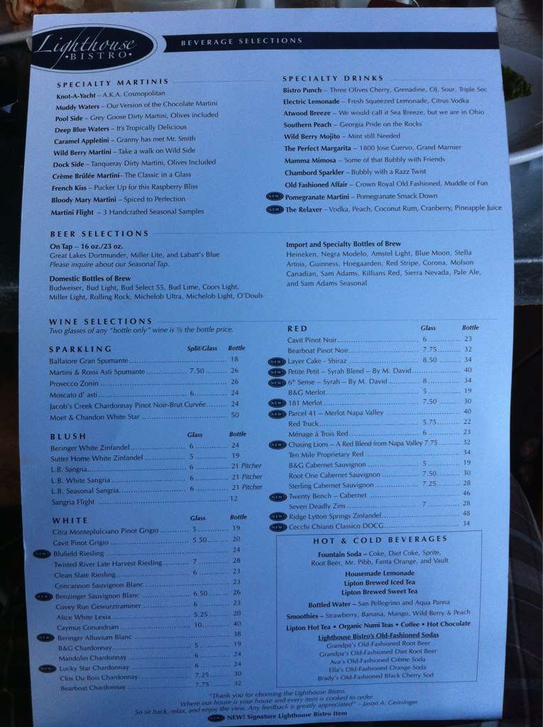 Menu at Lighthouse Bistro Atwood Lake restaurant, USA