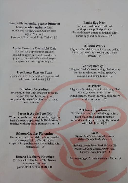 Menu at 23 Cafe Restaurant Bar., Ringwood North