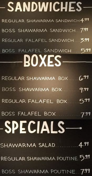 Menu at Shawarma Boss restaurant, Toronto