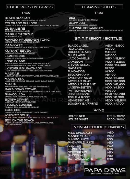 Menu at Papa Doms Bar and Restaurant - Tagaytay, Tagaytay