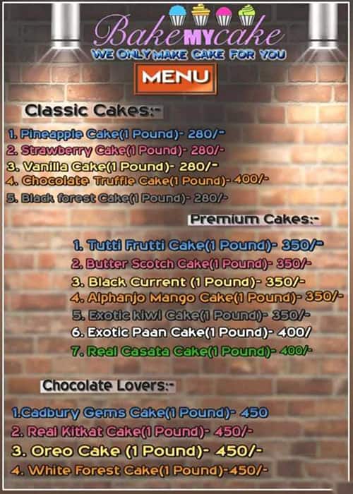 Menu at Bake My Cake, Jhansi, Outside Bade Gaon Gate In front Parua ...