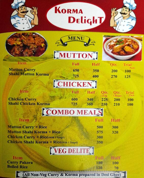 Menu of Korma Delight, Kalkaji, New Delhi