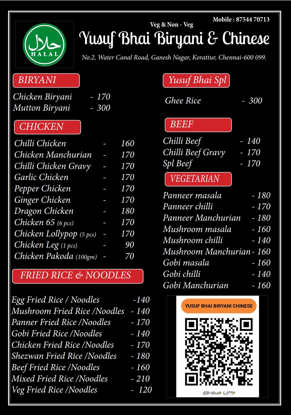 Menu of Yusuf Bhai Biryani & Chinese, Kolathur, Chennai