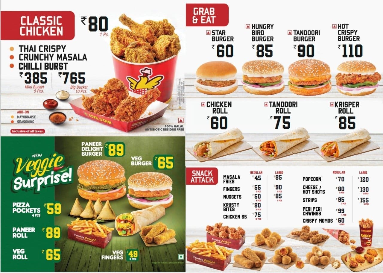 Menu of Five star chicken, Whitefield, Bangalore
