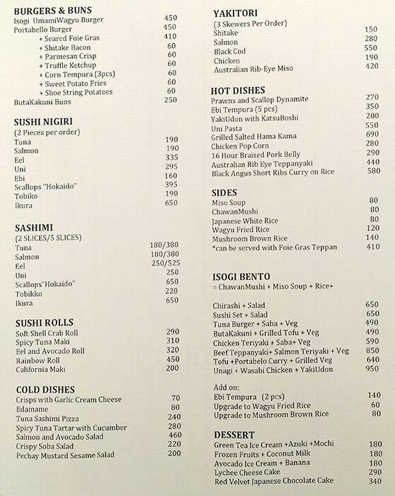 Menu at Isogi by Kai restaurant, Makati
