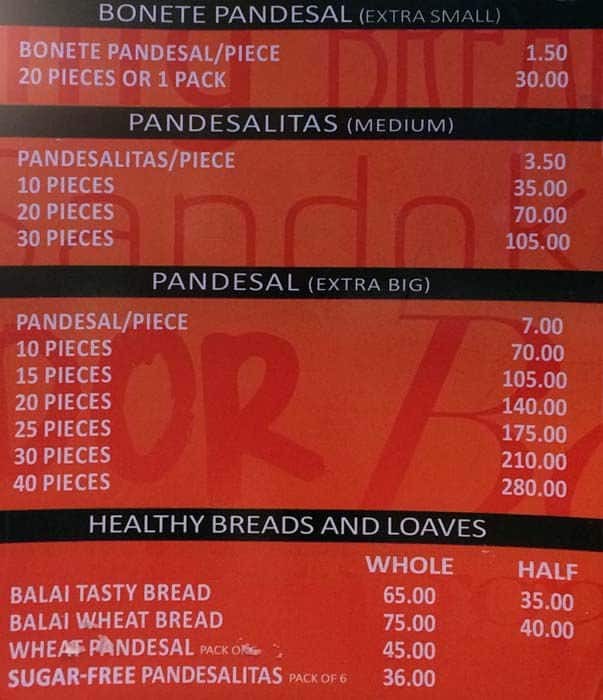 Menu at Balai Pandesal, Makati, Dela Rosa Car Park 2