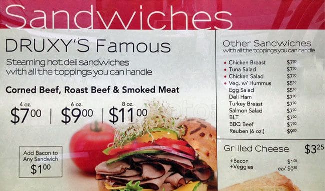 Menu at Druxy's Famous Deli, Toronto, 25 The West Mall