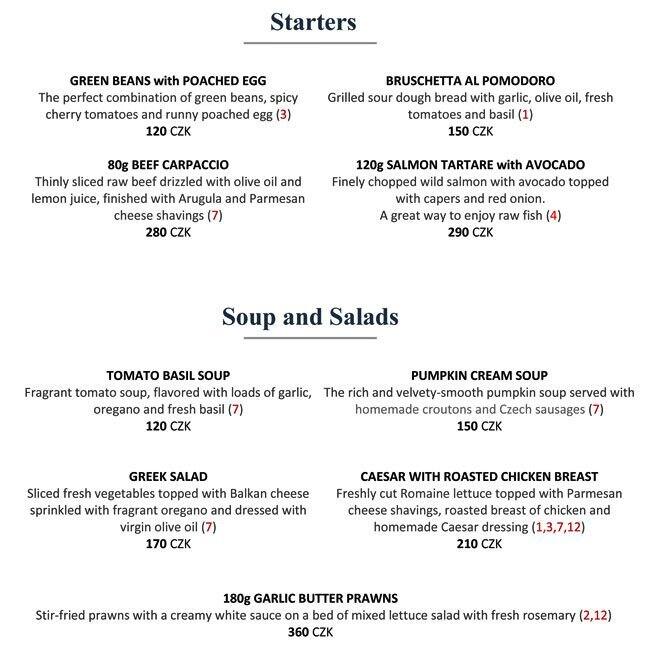 Menu at Viva Victoria Restaurant - Hotel General, Prague