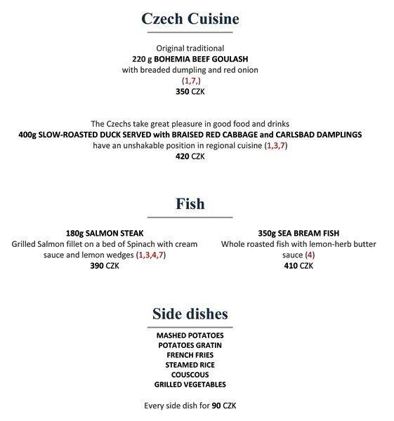 Menu at Viva Victoria Restaurant - Hotel General, Prague