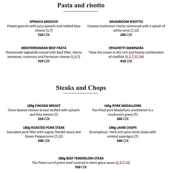 Menu at Viva Victoria Restaurant - Hotel General, Prague