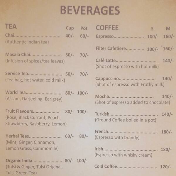 Menu at Sri, Vagator, Aguada - Siolim Rd