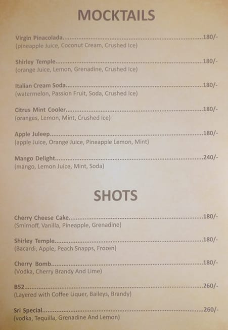 Menu at Sri, Vagator, Aguada - Siolim Rd