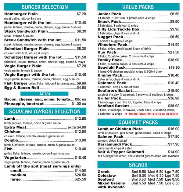 Menu at The Kingfisher Blue fast food, Wheelers Hill