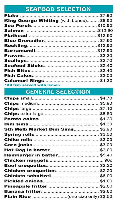 Menu at The Kingfisher Blue fast food, Wheelers Hill