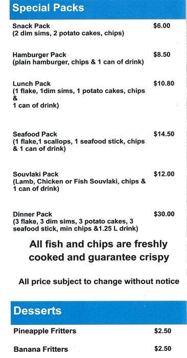 Menu at Banksia Fish 'n' Chips fast food, Ivanhoe