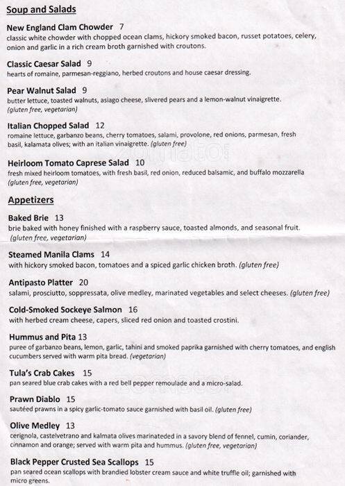 Menu at Tula's Restaurant and Jazz Club, Seattle