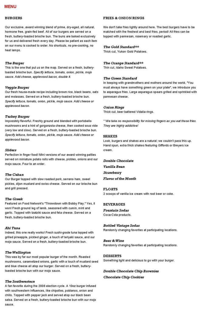 Bgr The Burger Joint Menu Menu For Bgr The Burger Joint Springfield