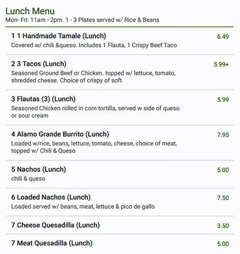 Menu at Alamo Tamales To Go restaurant, Webster