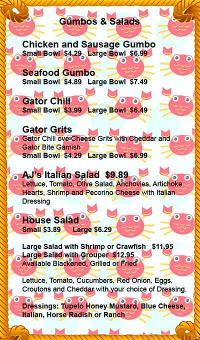Menu at A J's Famous Seafood & PO Boys restaurant, Marietta