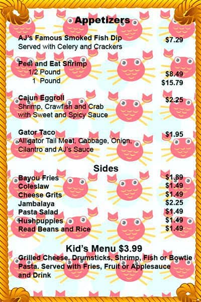 Menu at A J's Famous Seafood & PO Boys restaurant, Marietta