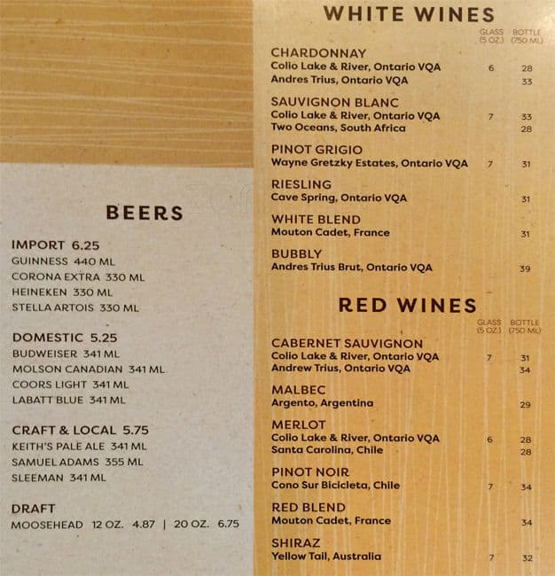 Menu at Gatwick's restaurant, Mississauga