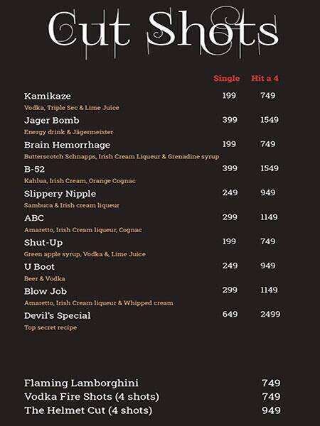 Menu at The Devil's Cut, Hyderabad