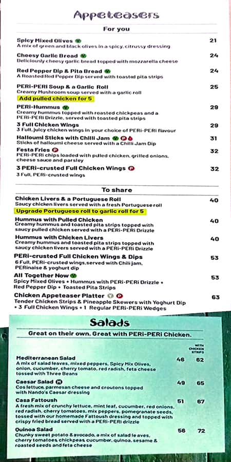 Menu of Nando's, Trade Centre Area, Dubai