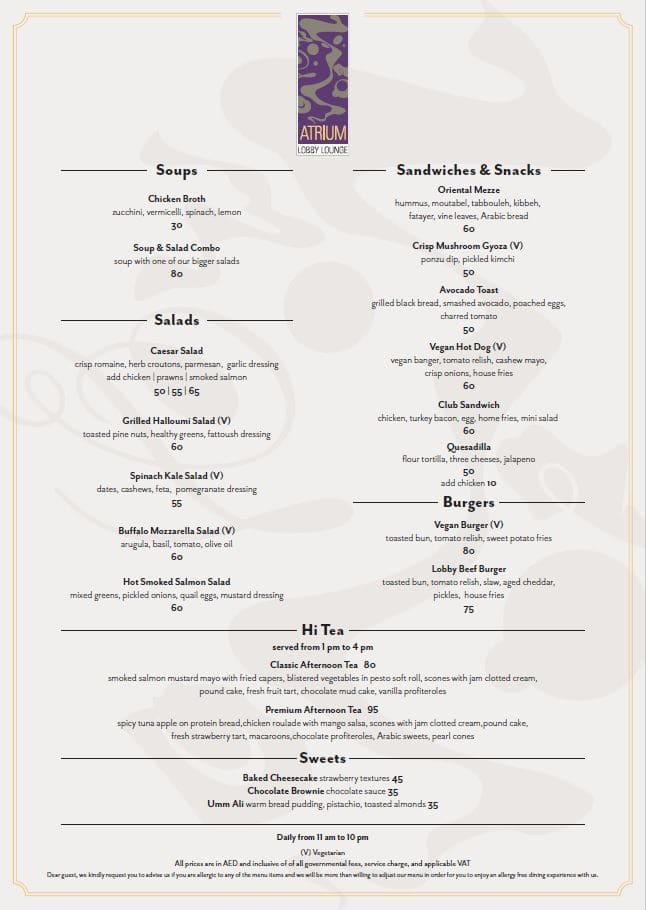 Menu of Atrium - Amwaj Rotana, Jumeirah Beach Residence (JBR), Dubai